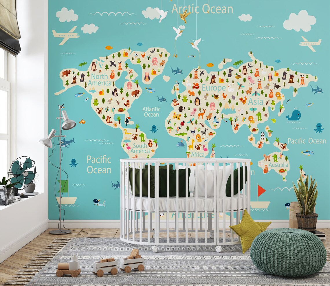 Peel Stick World Maps Animals and Trees Cartoon, Kids Map Wallpaper ...