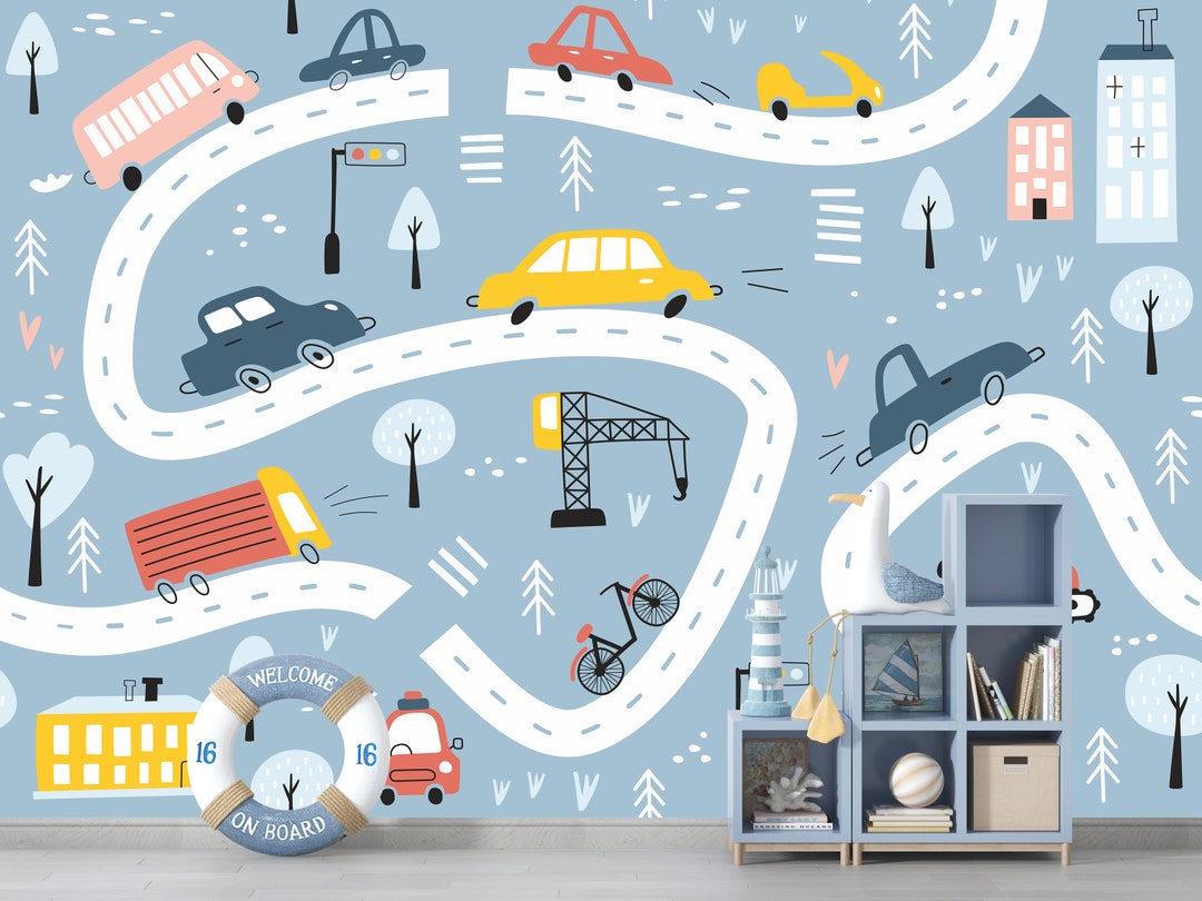 Cars and Road Wallpaper for Kids Room Peel Stick Boys Room Wall Mural ...