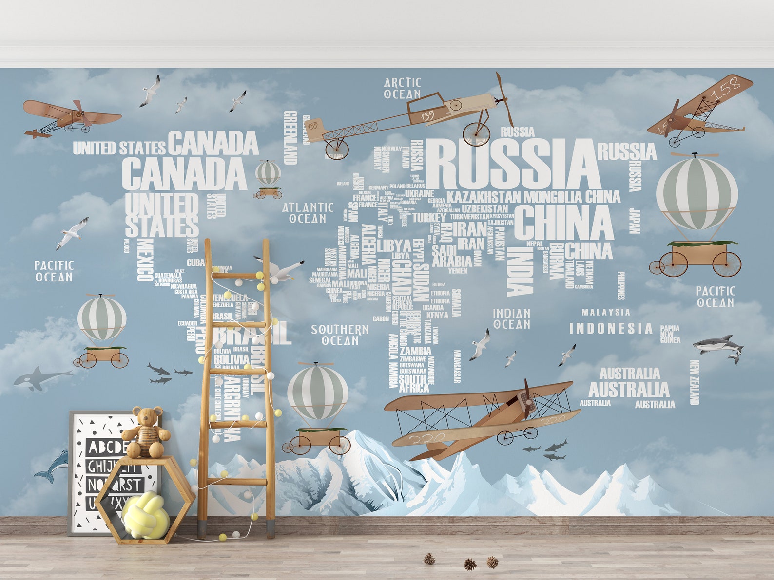 Educational World Map Wallpaper for Kids, Peel and Stick Adhesive Wall ...
