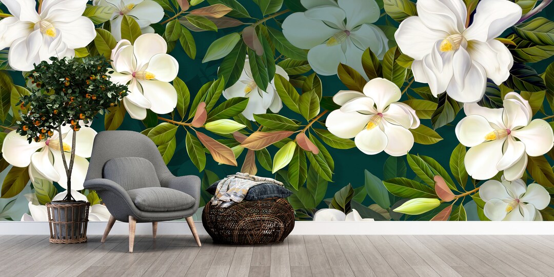 Flowers Wallpaper White Magnolia With Dark Emerald Background, Self ...