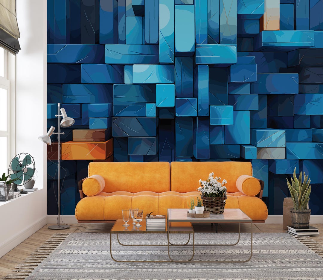 Modern Geometric Blue Block Wallpaper – Abstract 3D Design for Living ...