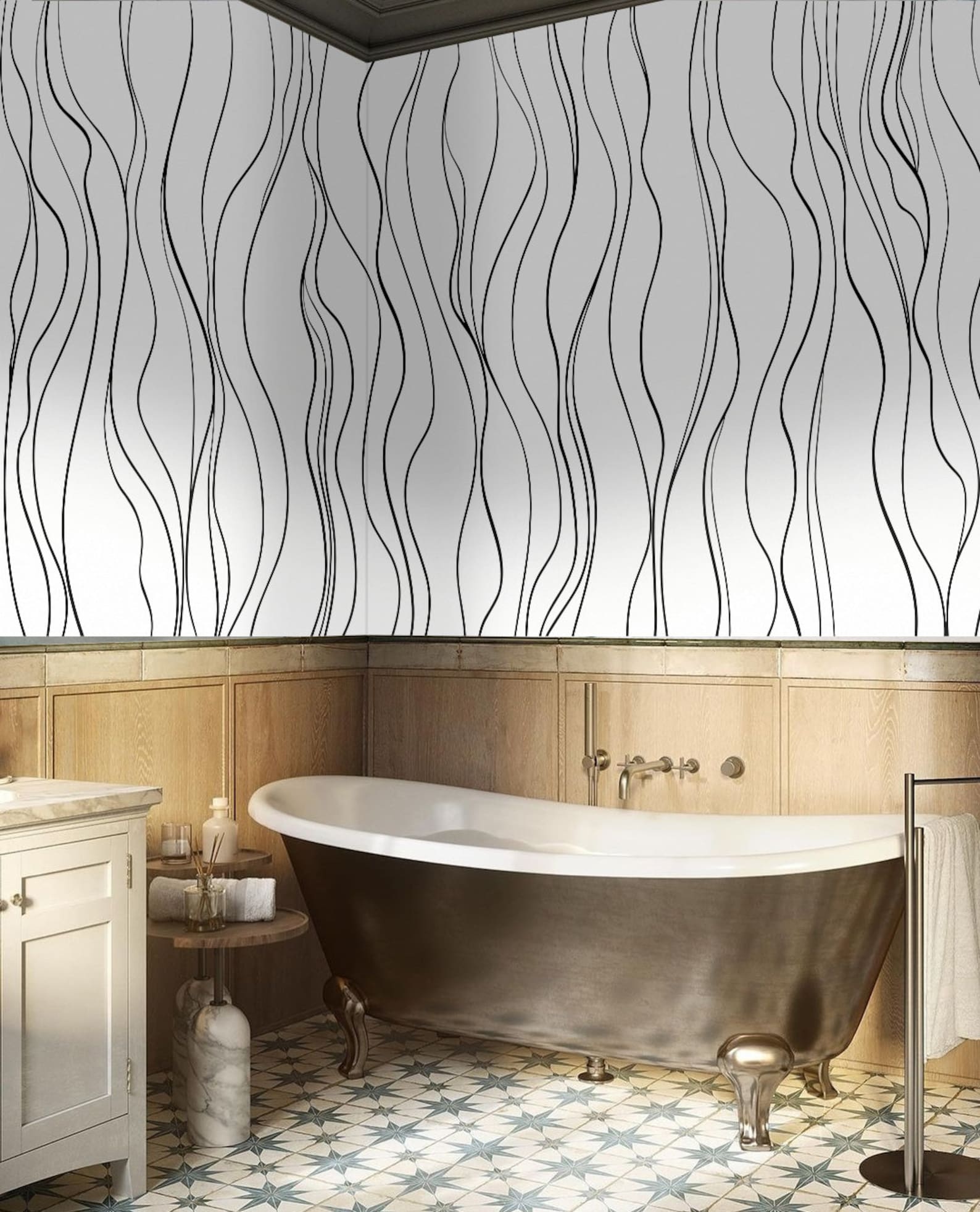 Wavy Lines Wallpaper, Abstract Peel Stick Wall Mural, Black White Self ...