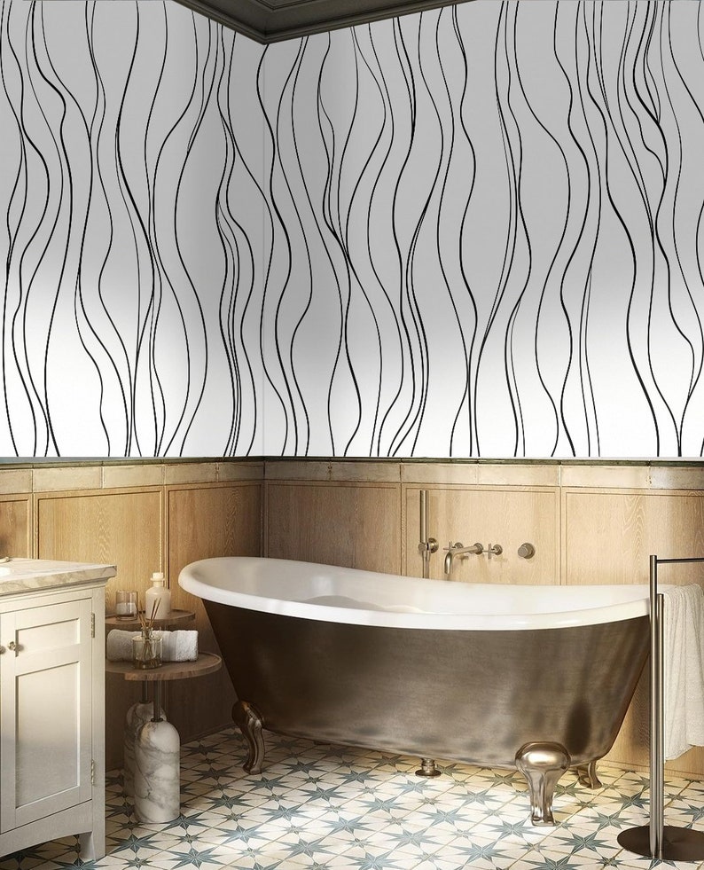 Wavy Lines Wallpaper, Abstract Peel Stick Wall Mural, Black White Self ...