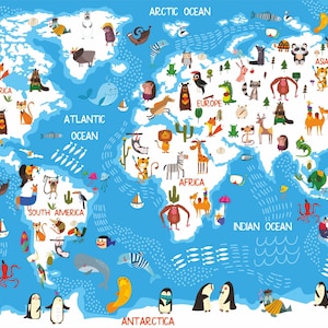 Cartoon Animals World Map Wallpaper, Great for Kids, Educational Game ...