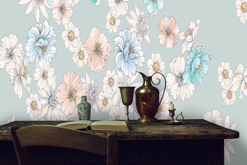 Floral Wallpaper, Pastel Colour Flowers Wall Mural, Self Adhesive Room ...