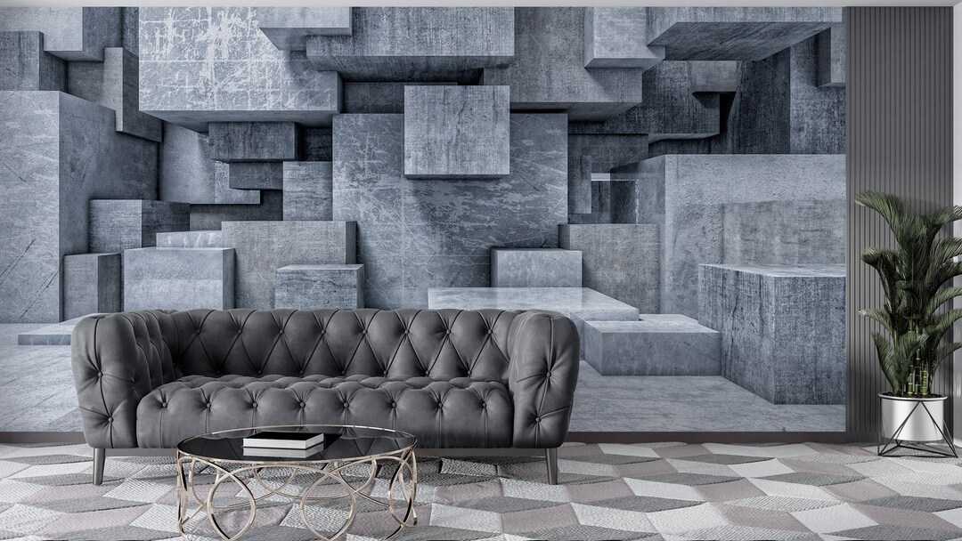 Cube Concrete 3D Wallpaper, Cube Stone Wall Mural, Peel and Stick ...