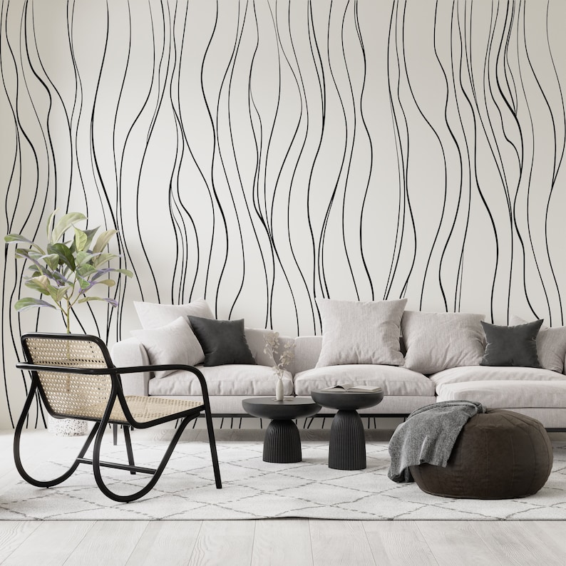Wavy Lines Wallpaper, Abstract Peel Stick Wall Mural, Black White Self ...