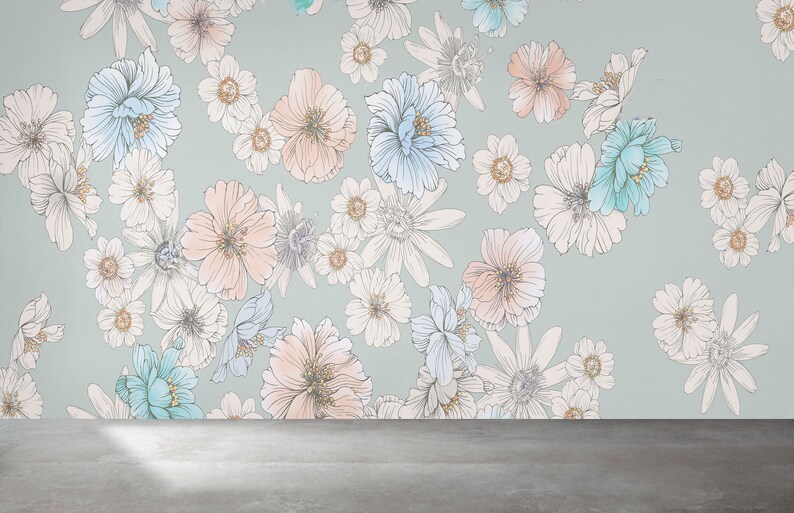 Floral Wallpaper, Pastel Colour Flowers Wall Mural, Self Adhesive Room ...
