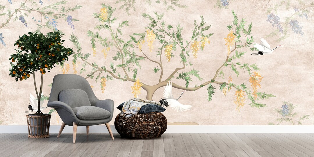 Tree of Life Wall Mural, Flying Stork, Floral Peel and Stick Wallpaper ...