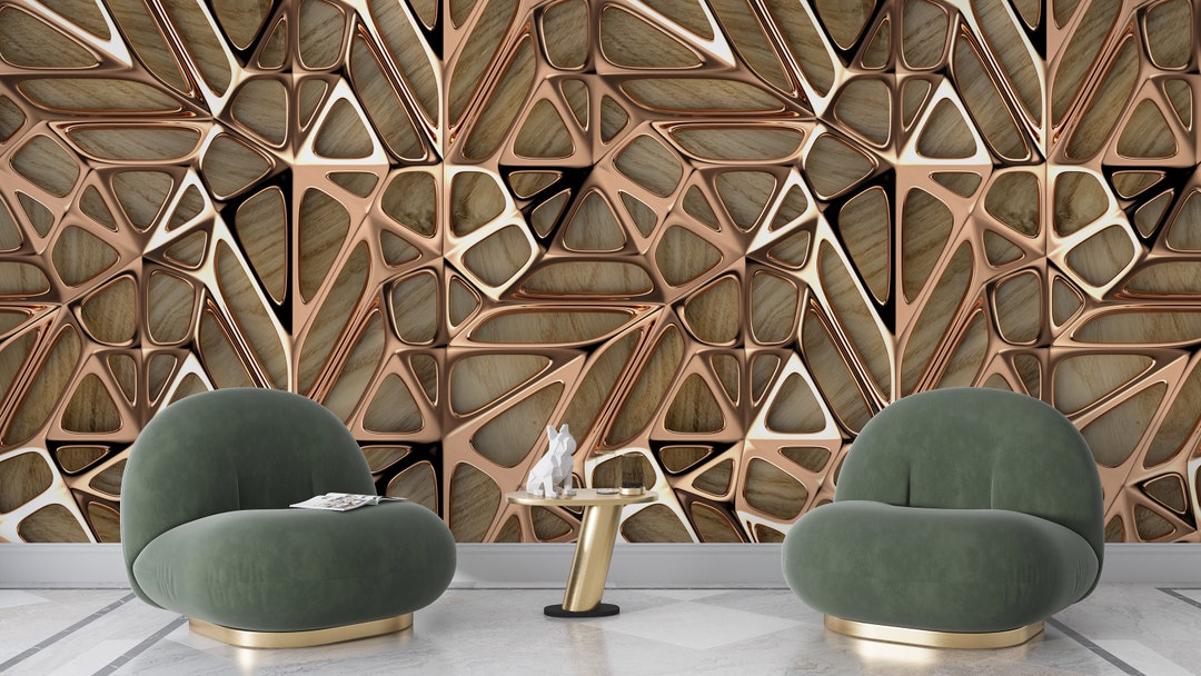 Peel Stick Gold Cage on Wood With 3d Look Wallpaper, Gold Panel Wall ...