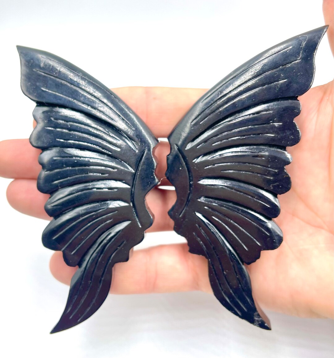 66.23geam Beautiful Natural Black Serpentine Angel Wings Hand Crafted ...