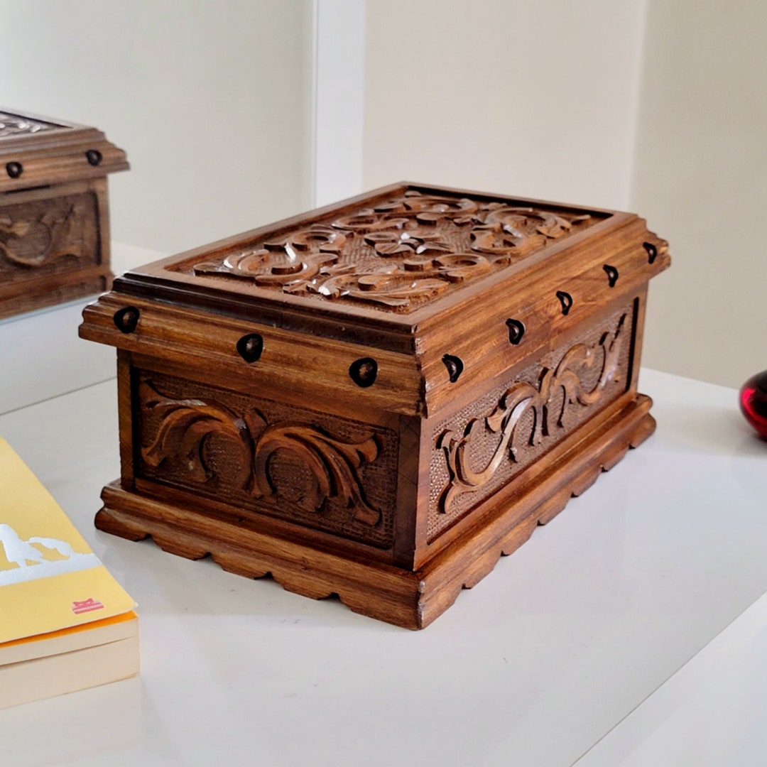 Handmade Walnut Treasure Chest, Carved Wooden Box, Locking Wooden Box ...
