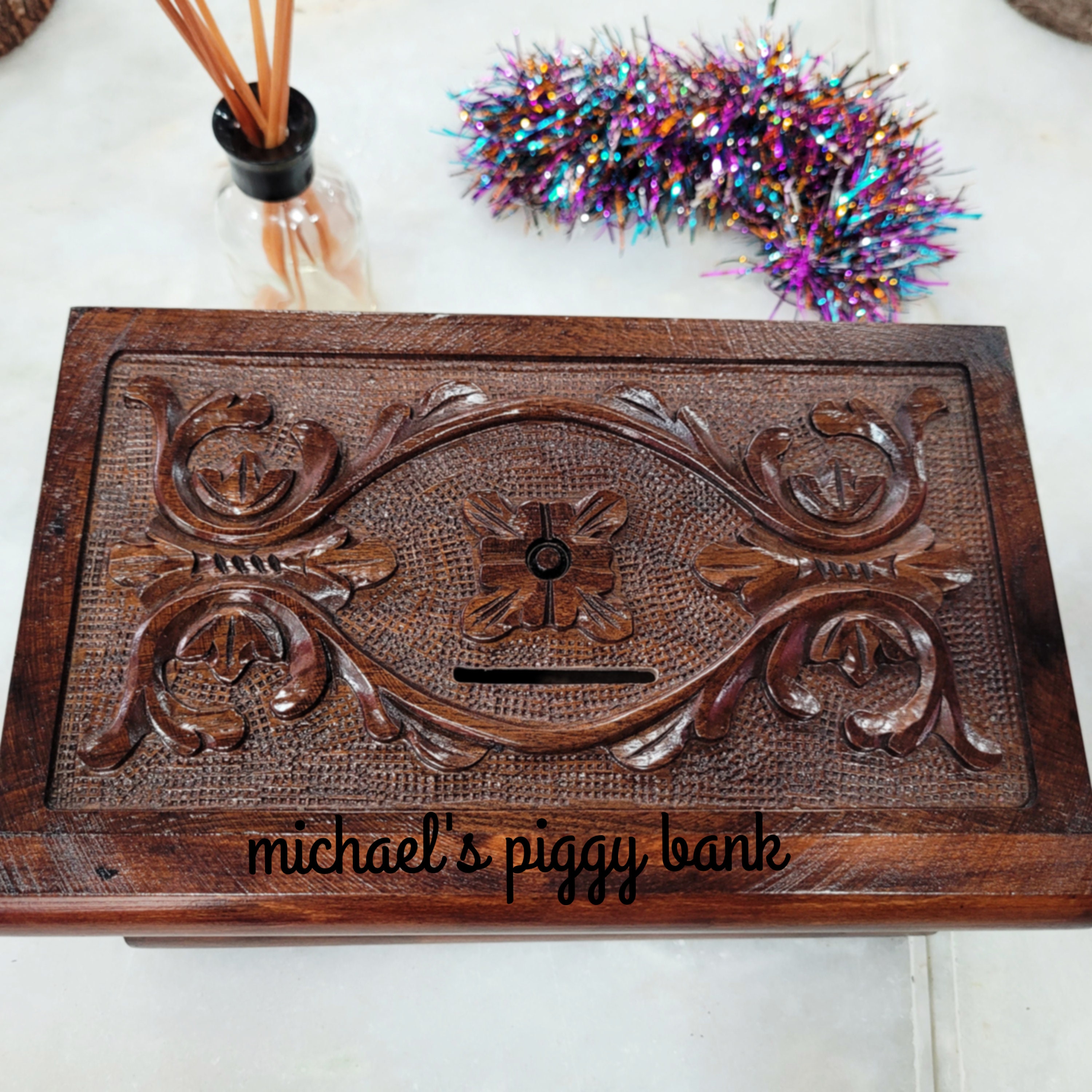 Hand Carved Cash Box With Lock, Persnalized Wooden Piggy Bank for Kids ...