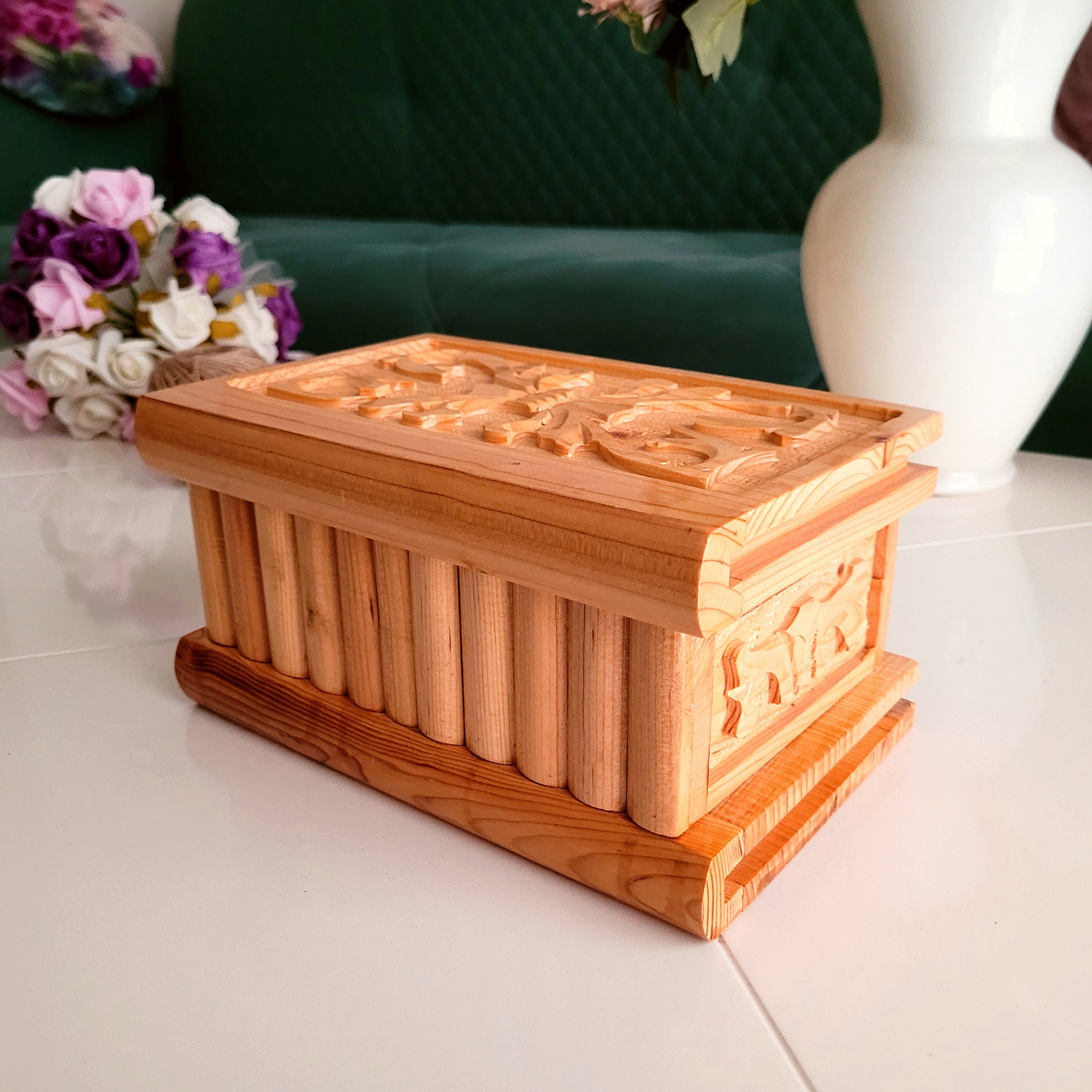 Hand Carved Wood Jewelry Box, Walnut Box With Lid ,secret Locked Chest ...