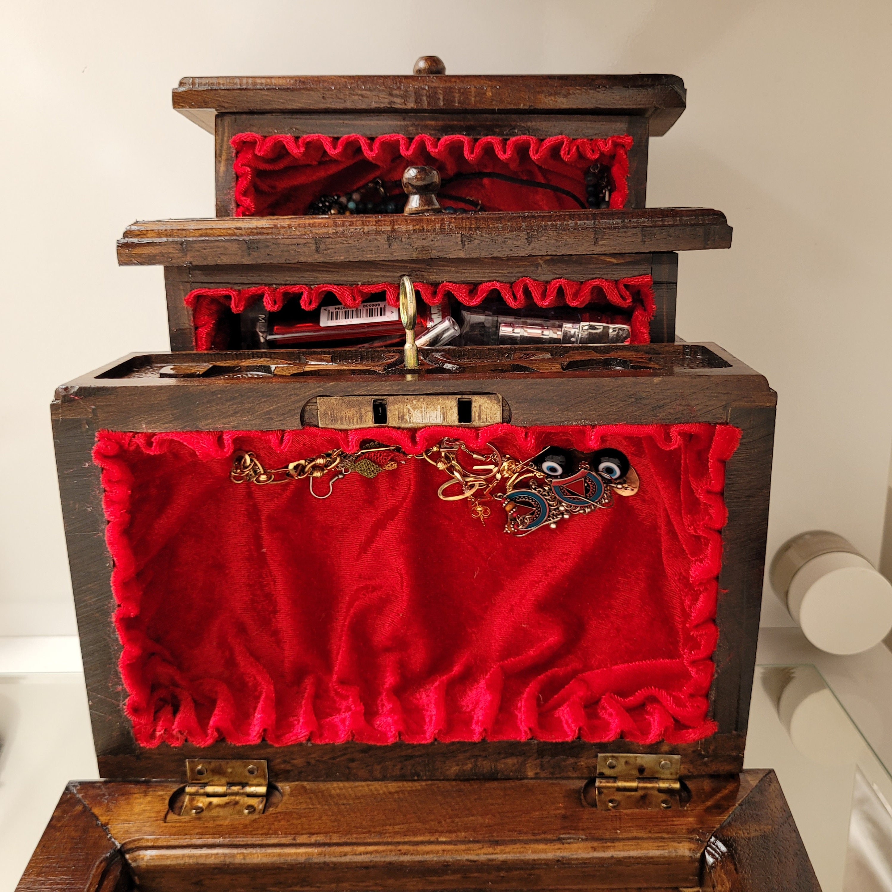 Walnut Carved Wooden Jewelry Box, Locking Jewelry Box With Drawers and ...