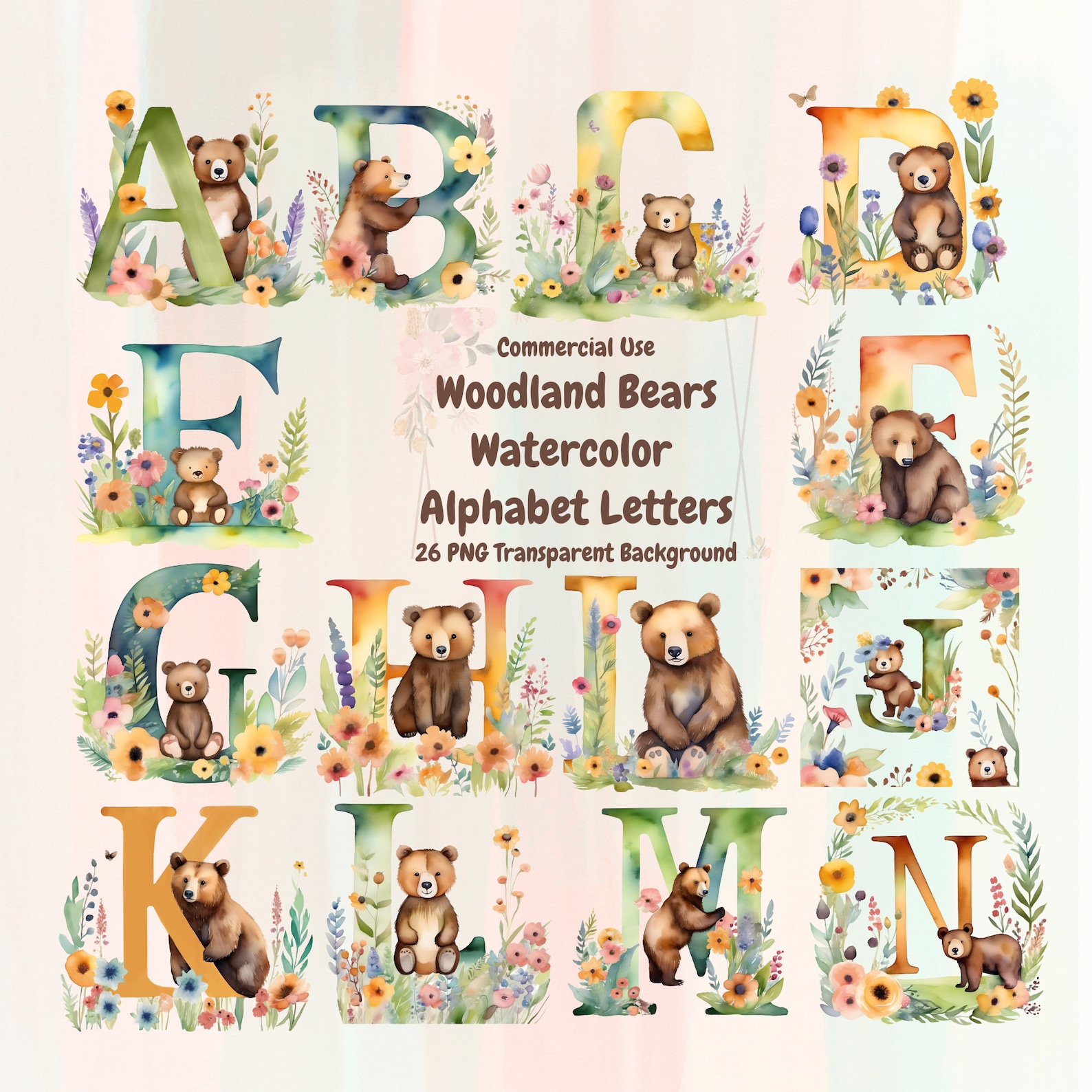 Woodland Bears Alphabet Letters Clipart, PNG Clip Art, A - Z Letters ...
