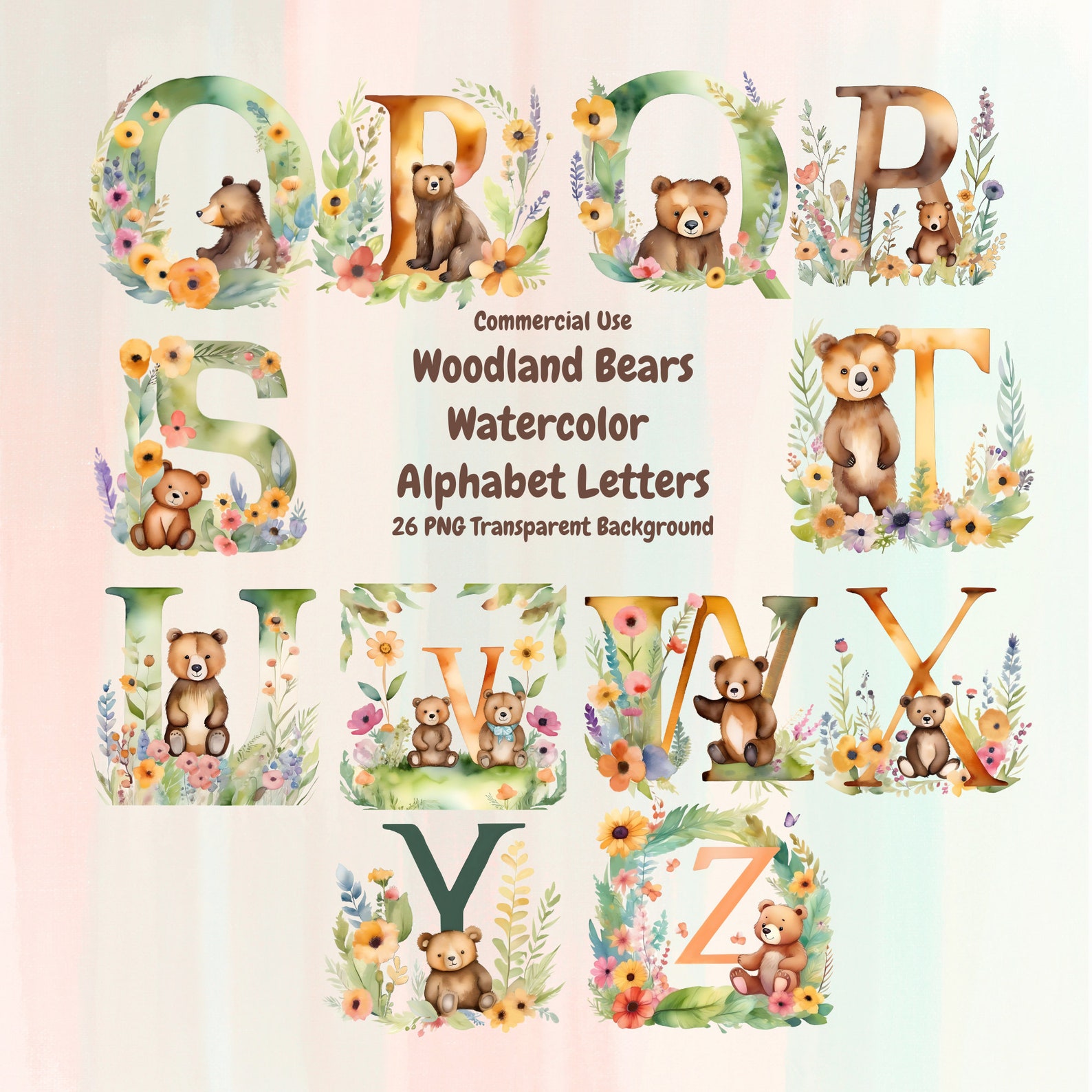 Woodland Bears Alphabet Letters Clipart, PNG Clip Art, A - Z Letters ...