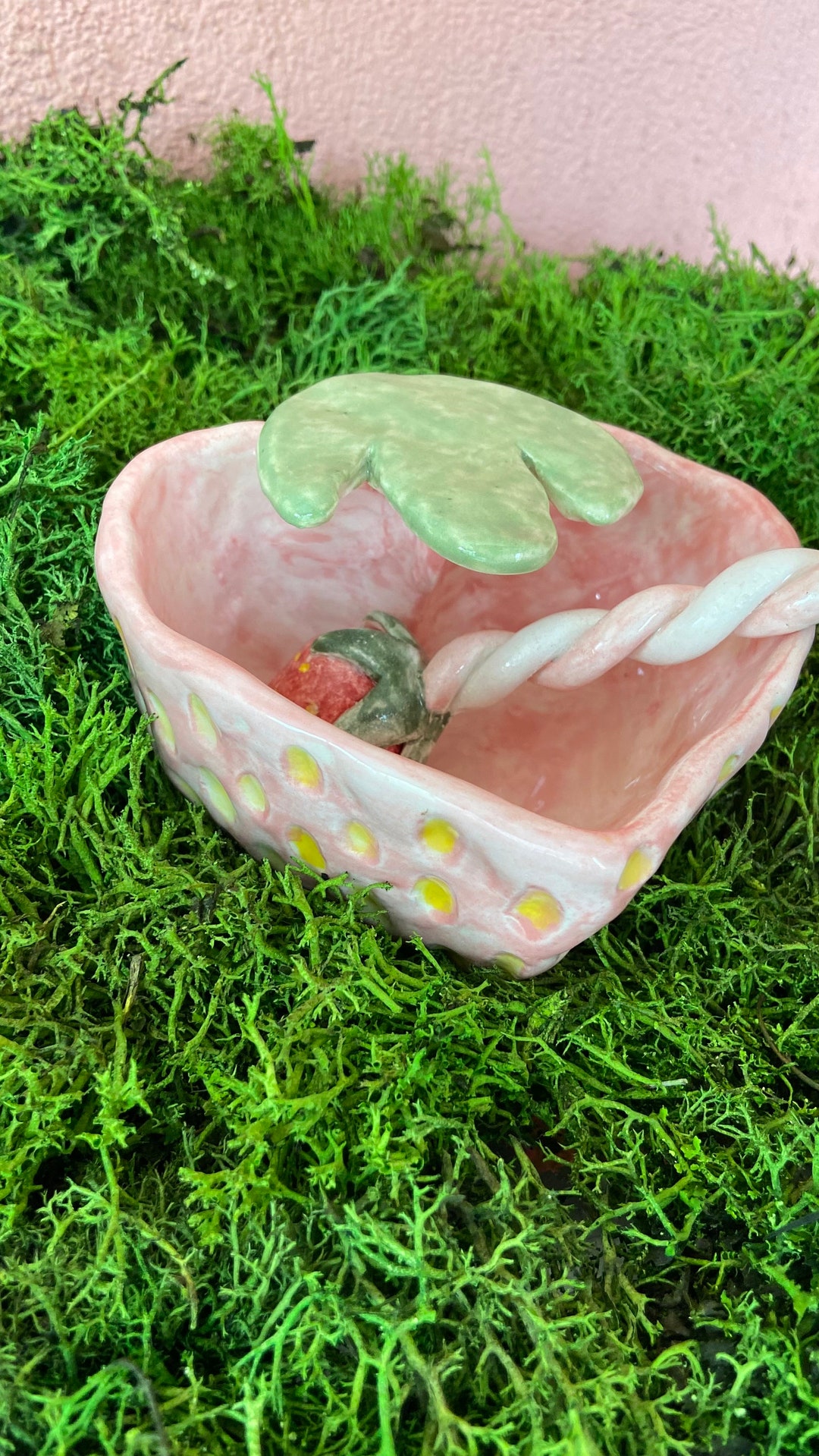Personalized Pink Strawberry Fruit Bowl Handmade Custom Ceramic Rainbow ...
