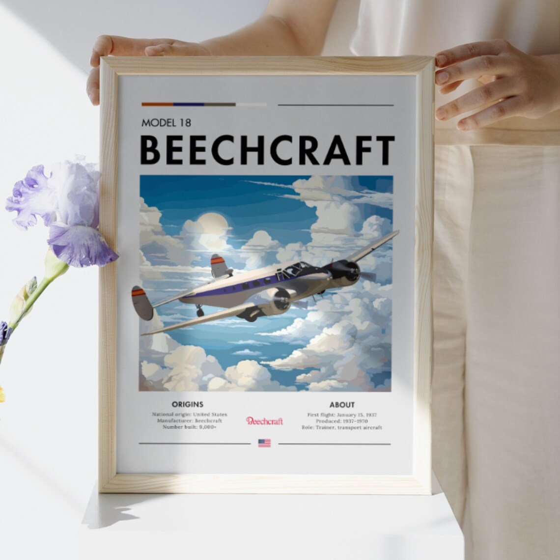 Beechcraft Model 18 Print WWII Aviation Art, United States Aircraft ...