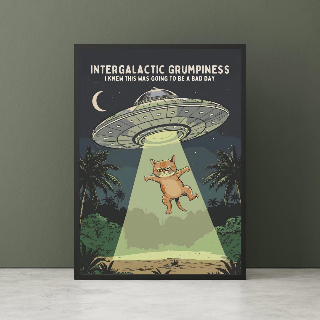 Grumpy Cat UFO Poster - Vintage Alien Abduction Art Print, Mid Century ...