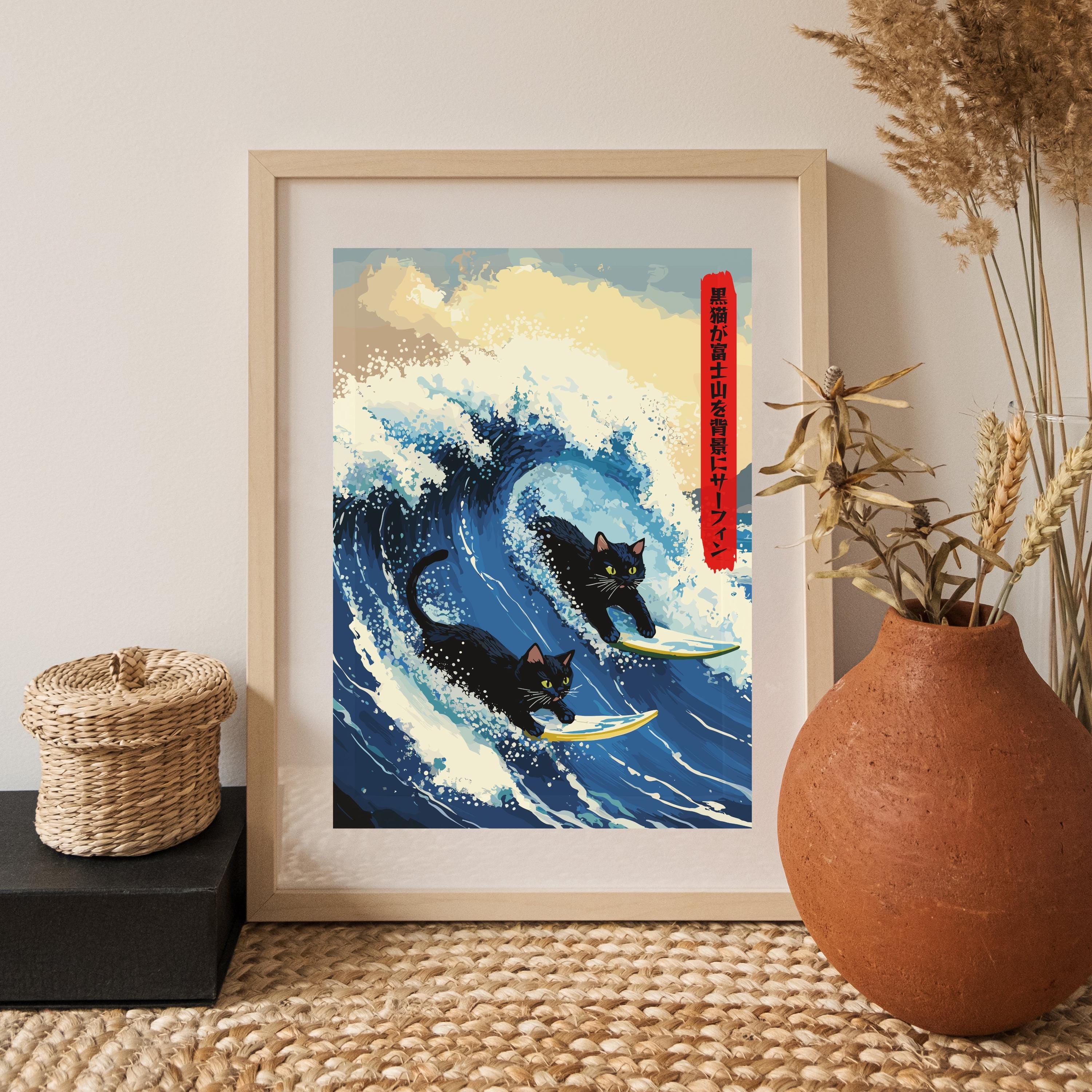 Surfing Black Cats - the Great Wave off Kanagawa, Hokusai Inspired ...