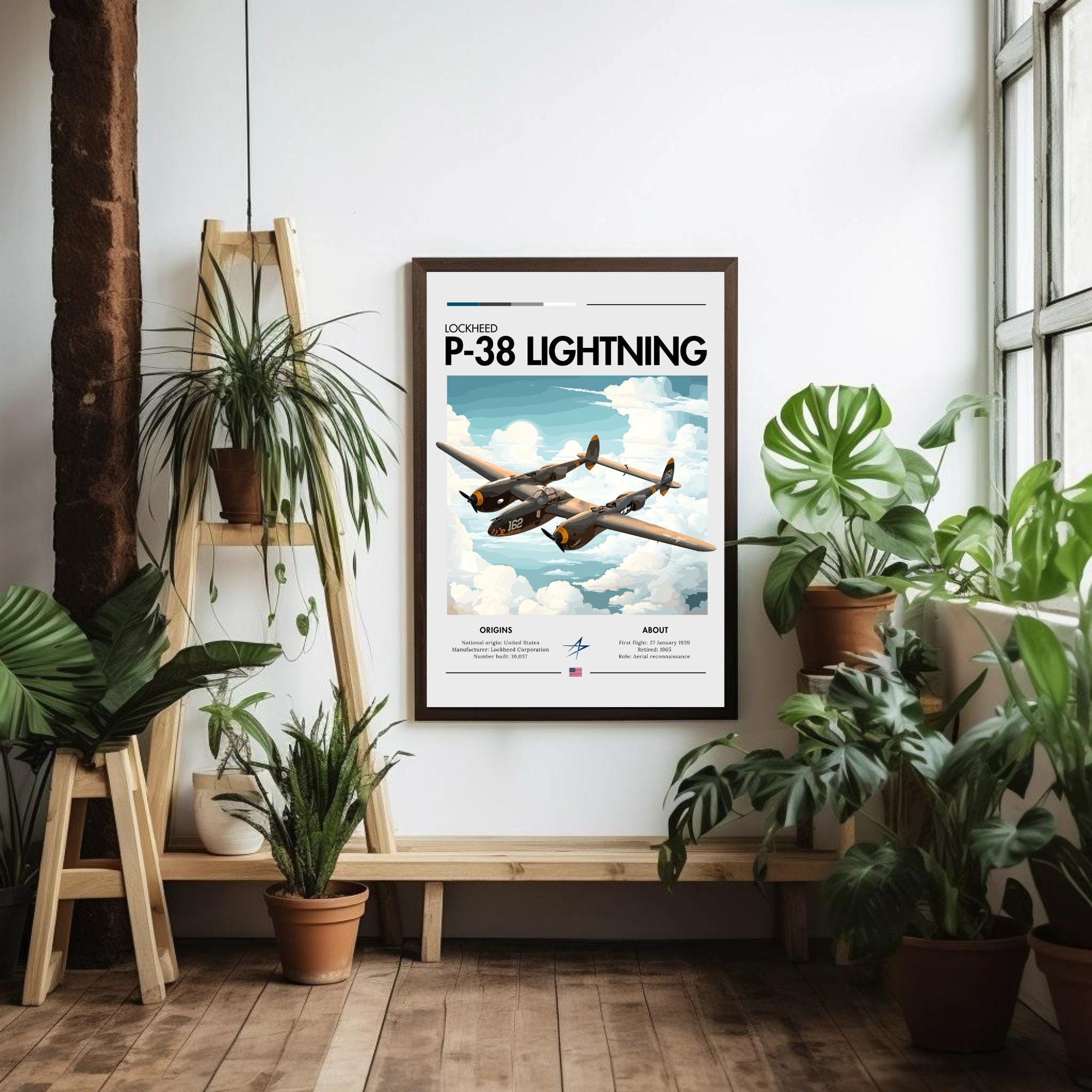 Vintage Lockheed P-38 Lightning Bomber Print WWII Aviation Art, USA ...