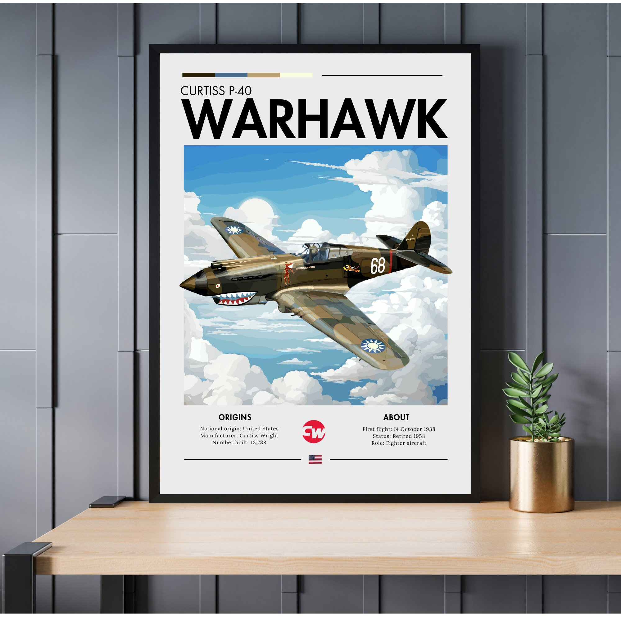 Vintage Curtiss P-40 Warhawk Bomber Print WWII Aviation Art, Bomber ...