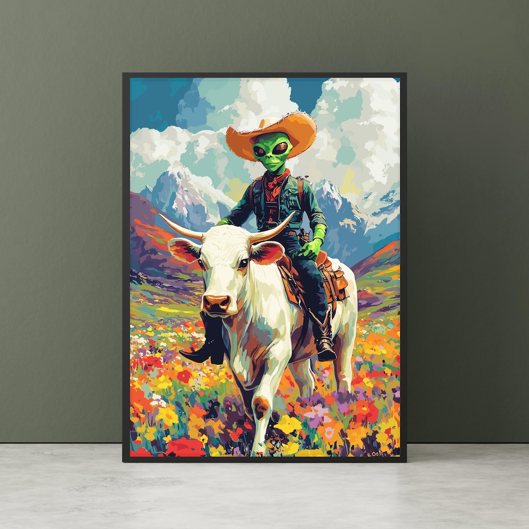 Funny Alien Riding Cow Art Print – Quirky Sci-fi Western Decor - Etsy