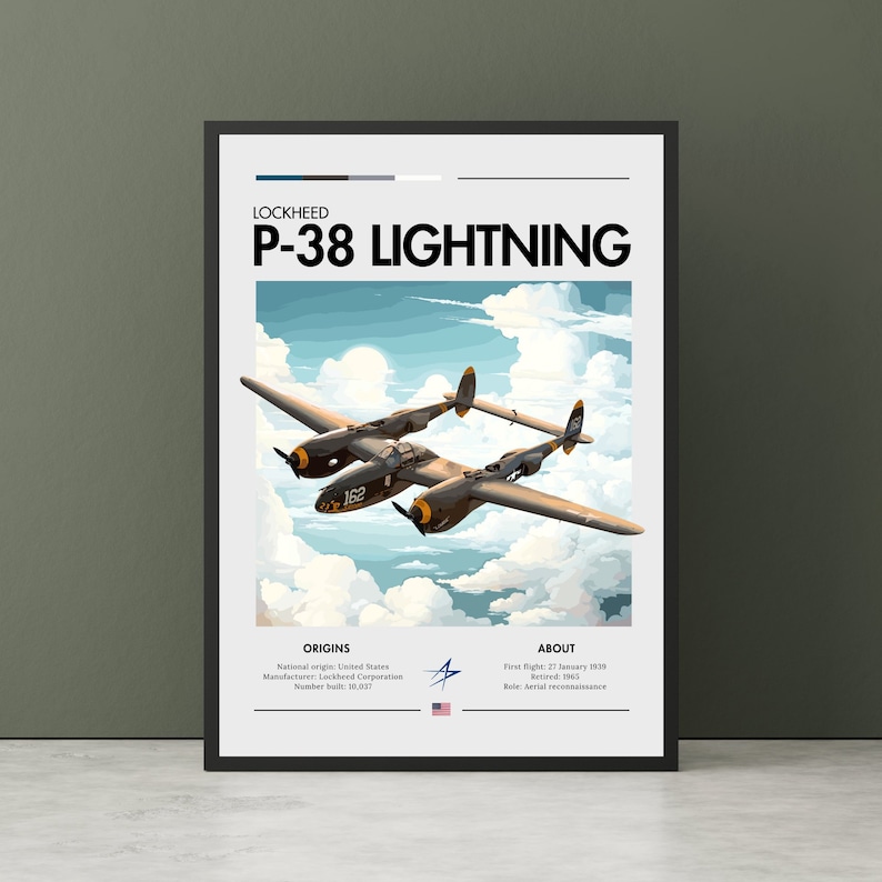 Vintage Lockheed P-38 Lightning Bomber Print - WWII Aviation Art, USA ...