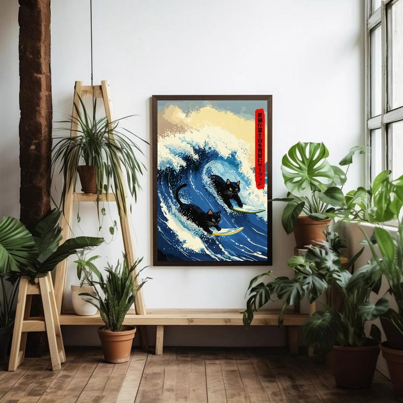 Surfing Black Cats - the Great Wave off Kanagawa, Hokusai Inspired ...