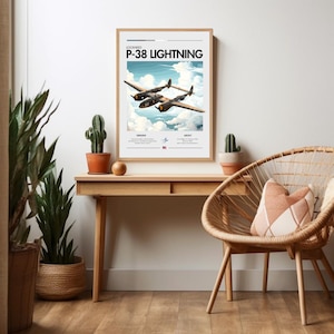 Vintage Lockheed P-38 Lightning Bomber Print - WWII Aviation Art, USA Airforce, White Cliffs ...