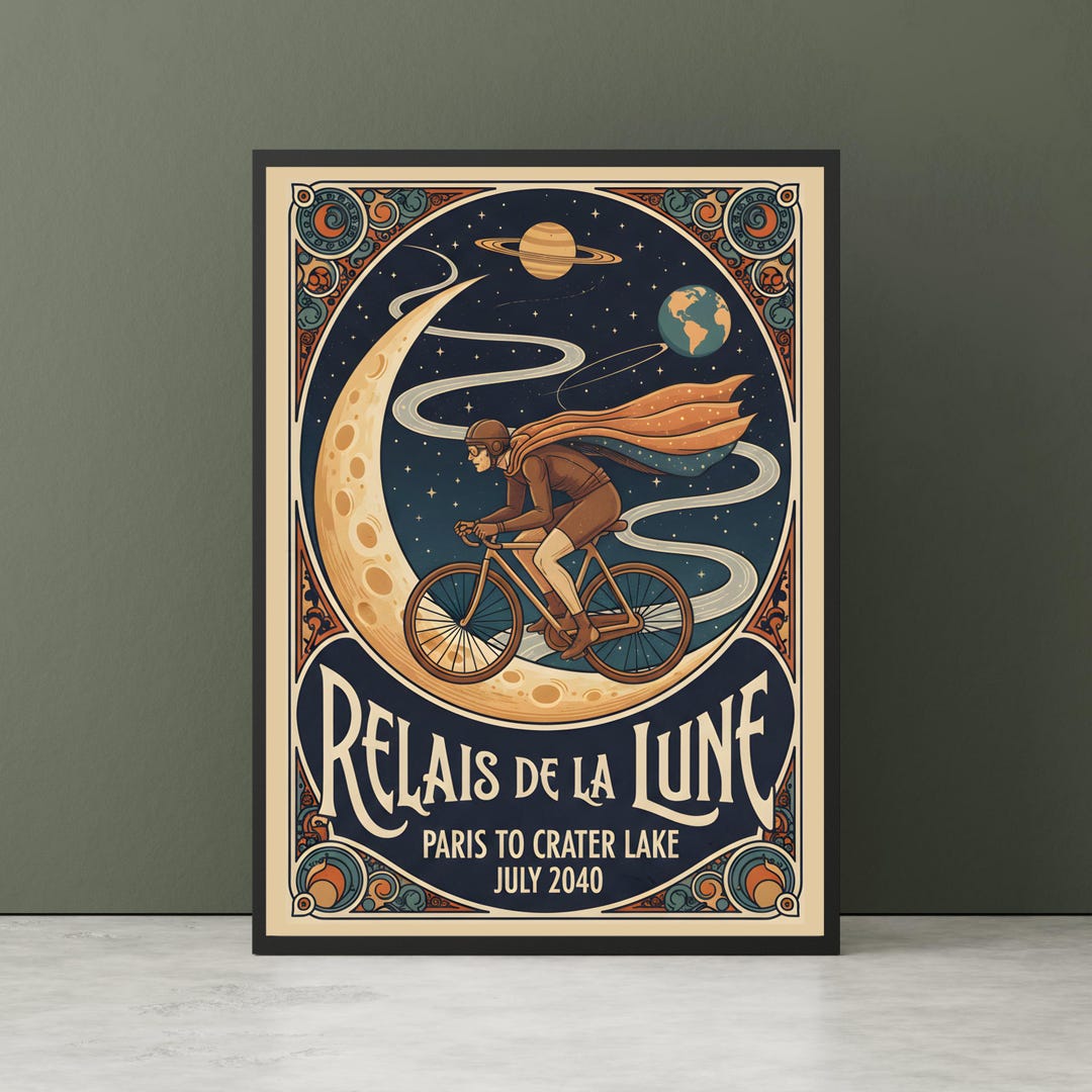Vintage Cycling Poster - Art Nouveau Moon Bike Print, Retro Space ...