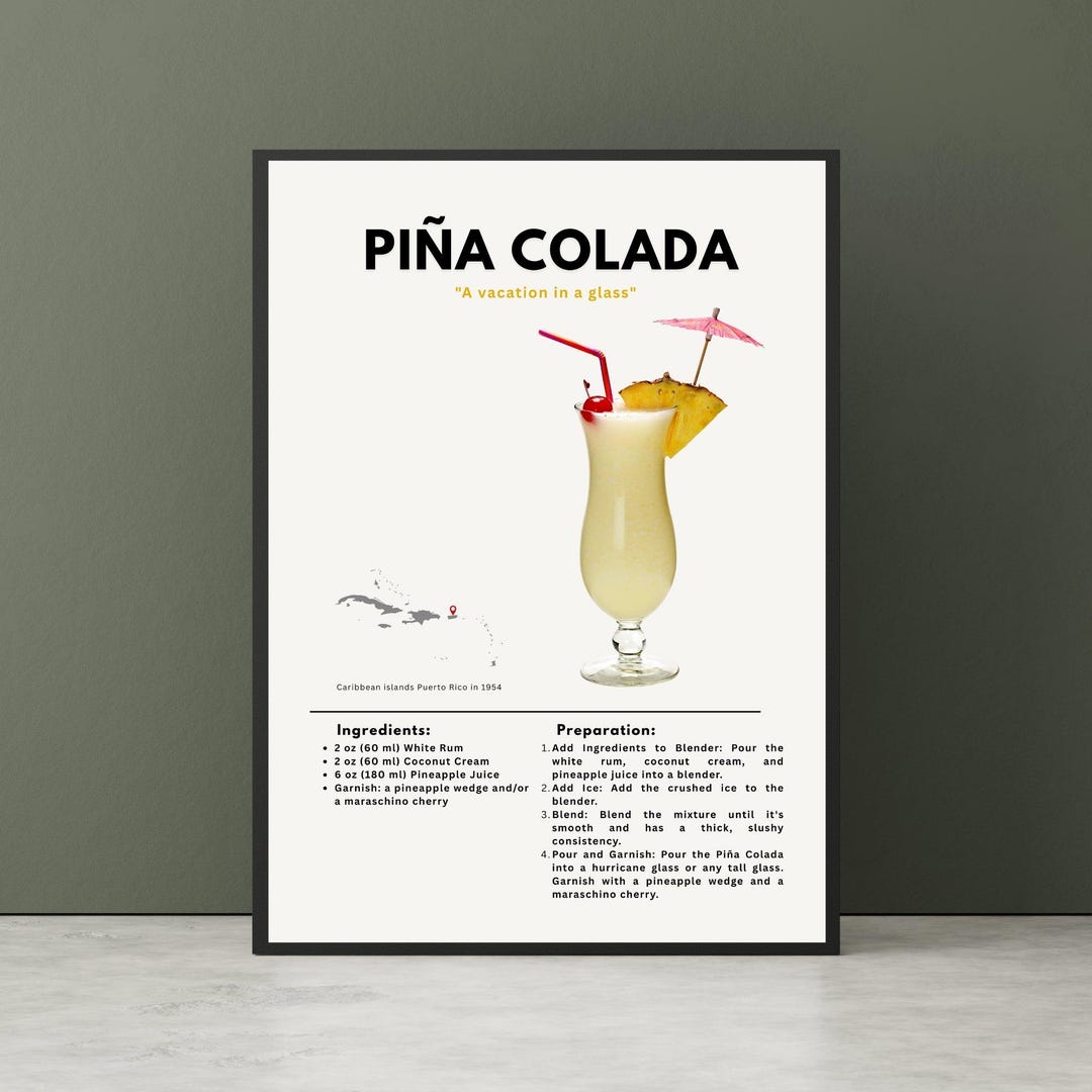 Piña Colada Poster, Pina Colada Wall Art, Tropical Bar Decor, Cocktail ...