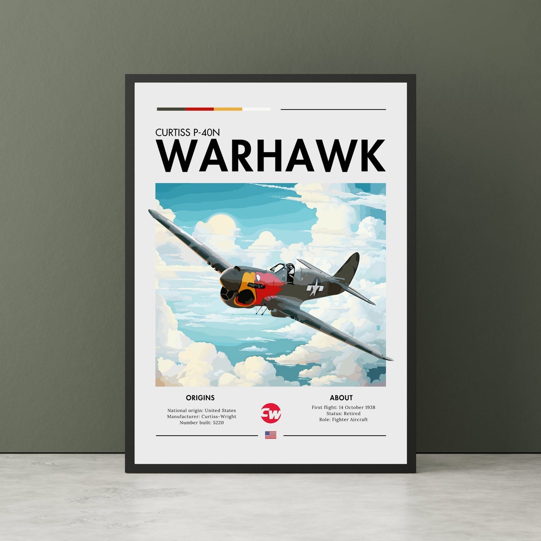 Vintage Curtiss P-40N Warhawk Print - WWII Aviation Art, USA Jet, White ...