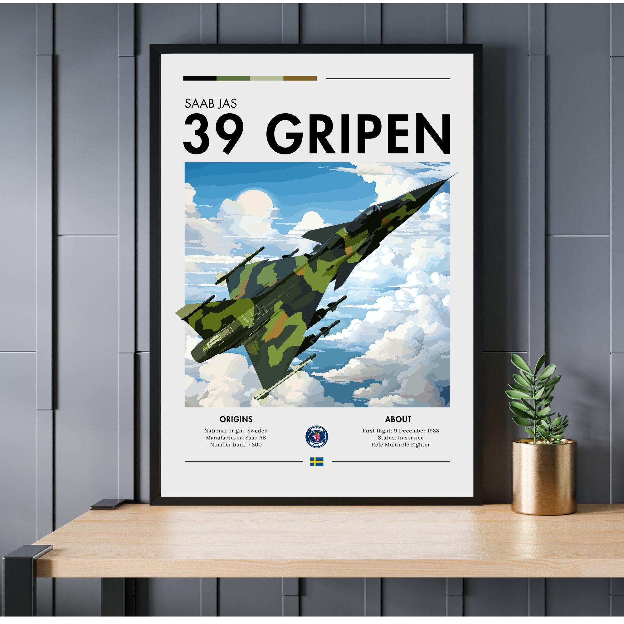 Saab JAS 39 Gripen Print Swedish Aviation Art, White Clouds, Plane ...