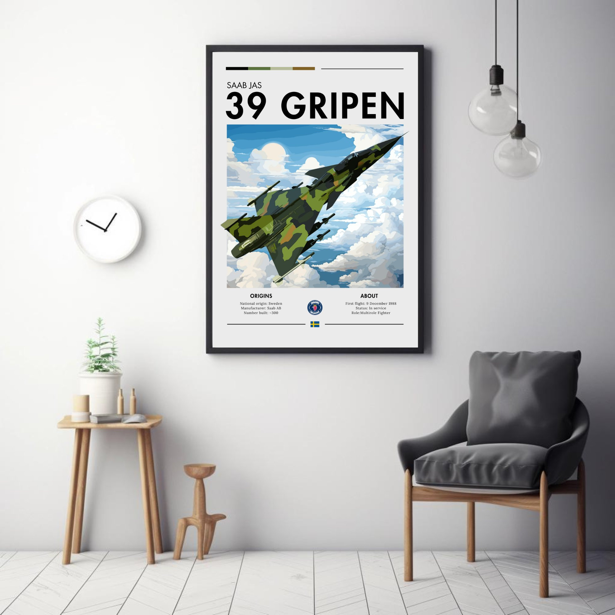 Saab JAS 39 Gripen Print Swedish Aviation Art, White Clouds, Plane ...