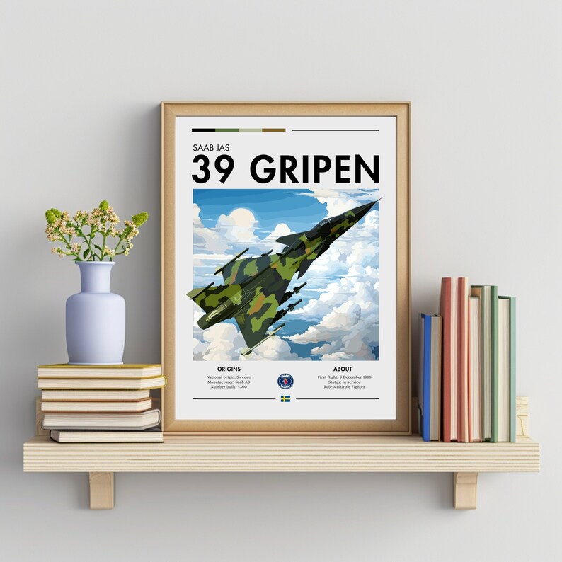 Saab JAS 39 Gripen Print Swedish Aviation Art, White Clouds, Plane ...