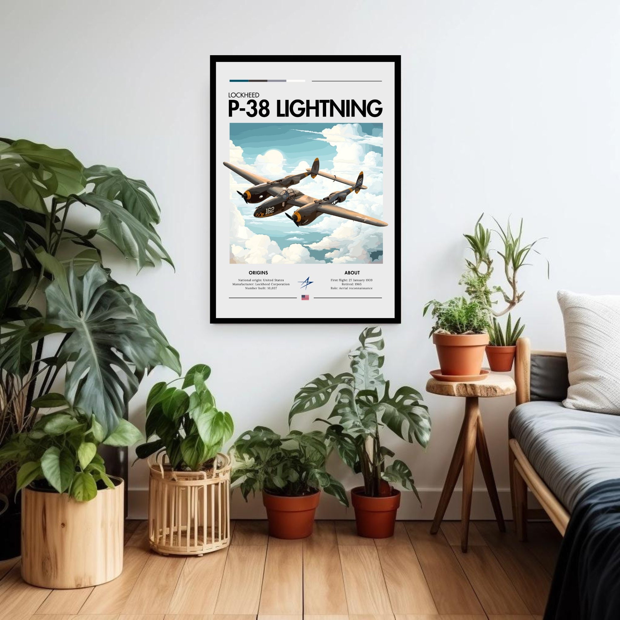 Vintage Lockheed P-38 Lightning Bomber Print WWII Aviation Art, USA ...