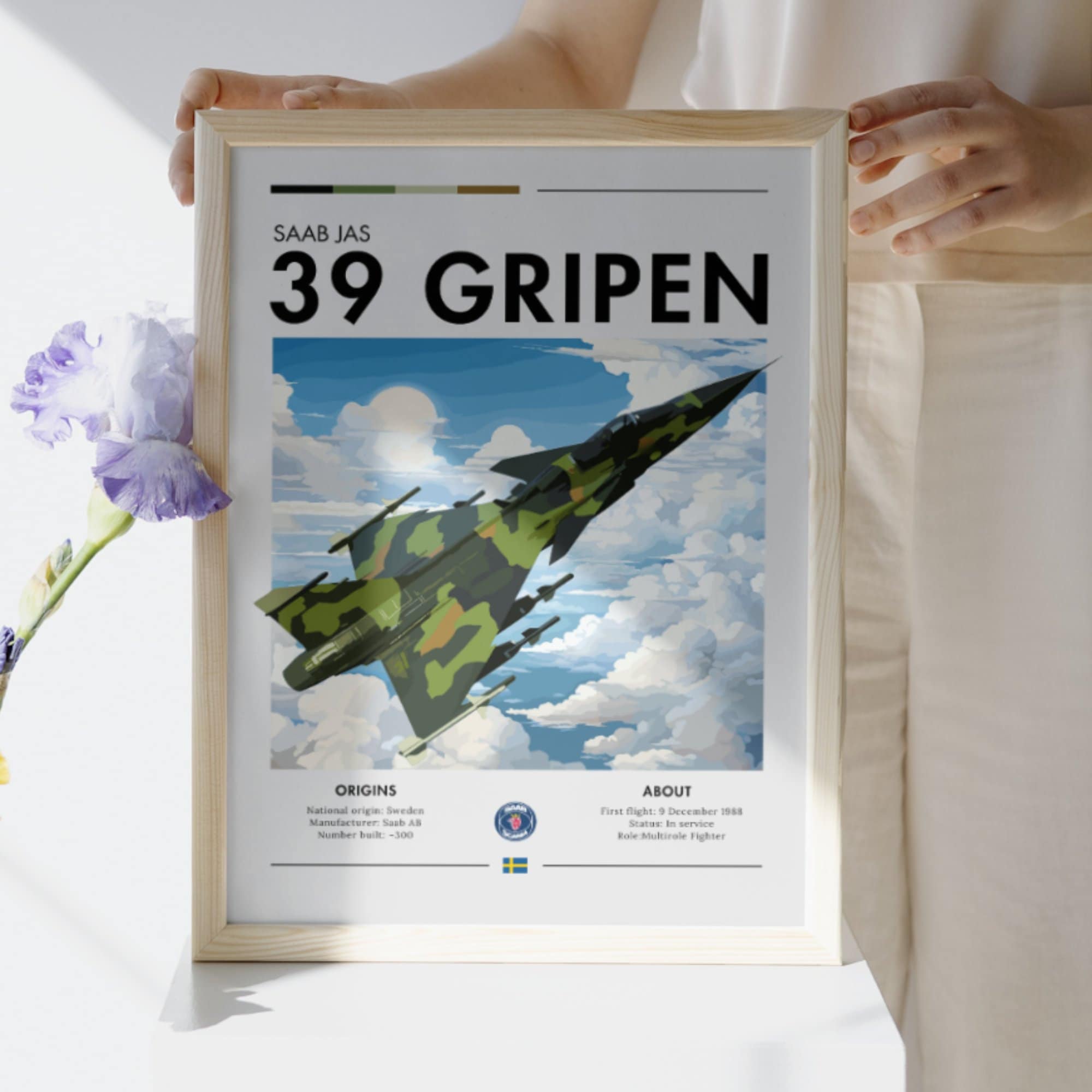 Saab JAS 39 Gripen Print Swedish Aviation Art, White Clouds, Plane ...