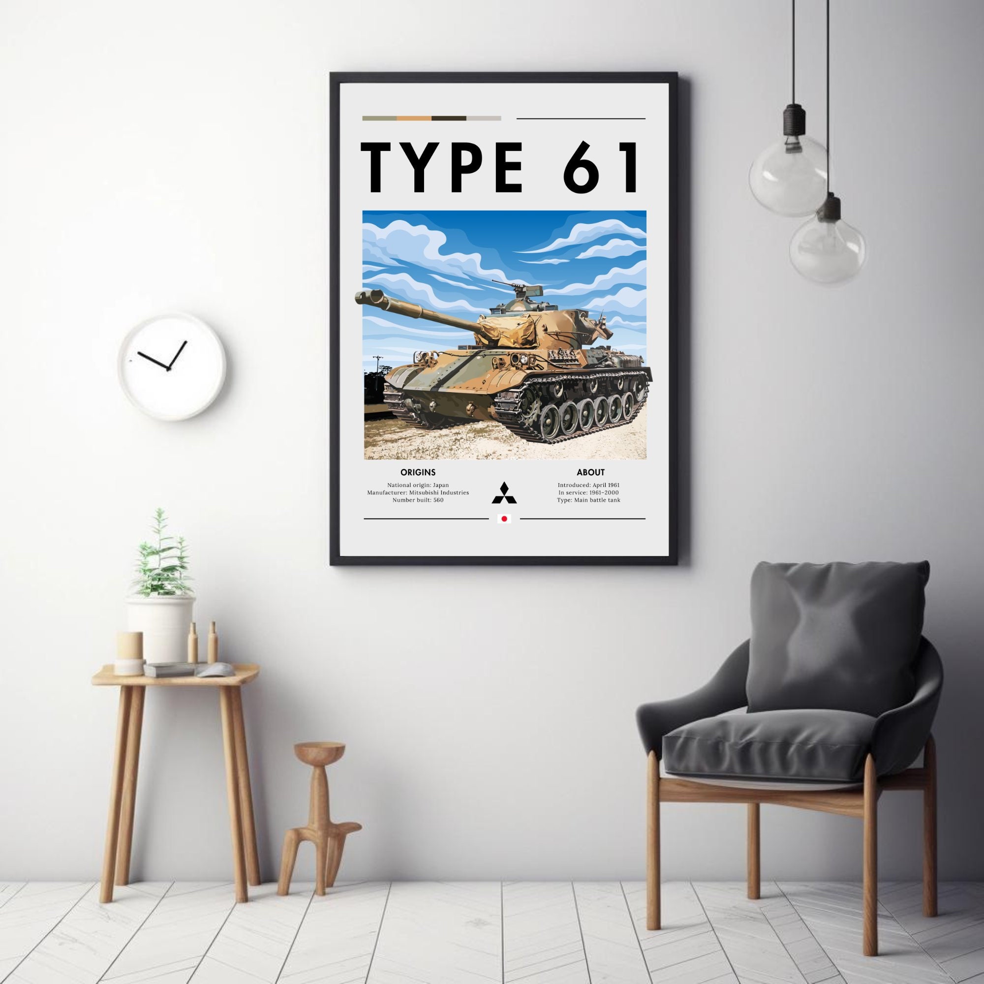 Type 61 Tank Print - WWII War Art, Main Battle Tank, Clouds, Ground ...