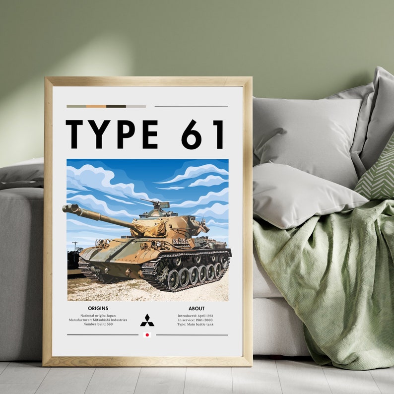Type 61 Tank Print WWII War Art, Main Battle Tank, Clouds, Ground, Tank ...