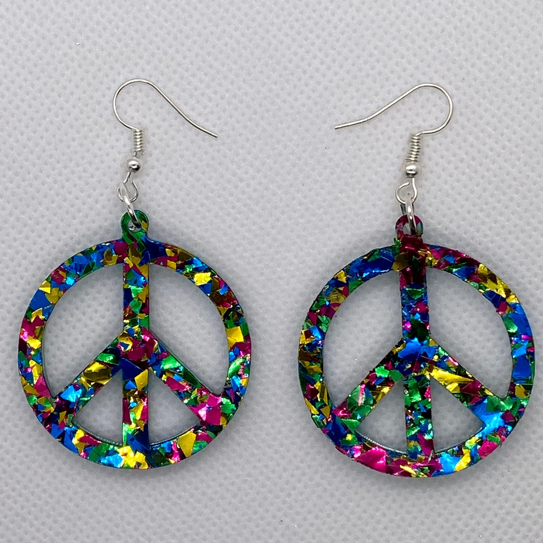 Double Sided Peacock and Rainbow Chunky Glitter Peace Sign Dangle ...