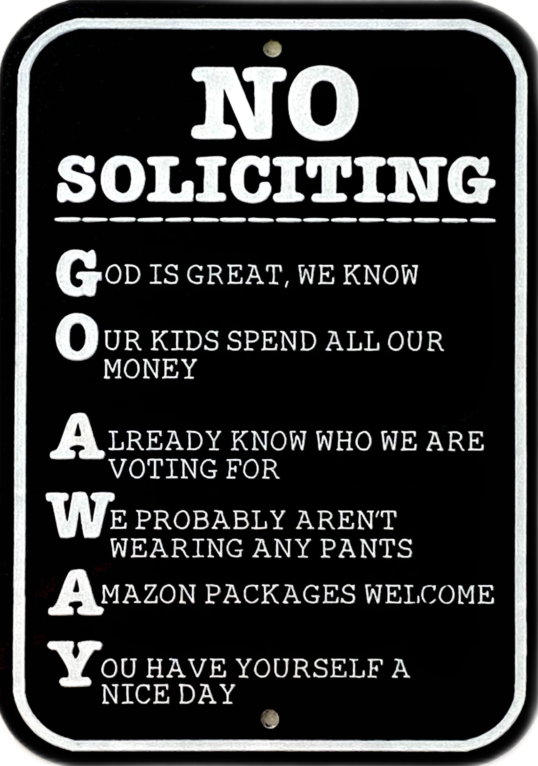 No Soliciting Funny Engraved Acrylic Plastic Porch Sign, Go Away - Etsy