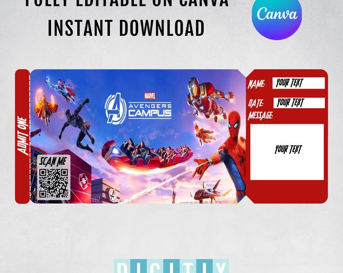 EDITABLE Ticket Disneyland, Avengers Campus, Disneyworld, Instant ...
