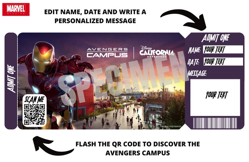 EDITABLE Ticket Disneyland, Avengers Campus, Disneyworld, Instant ...