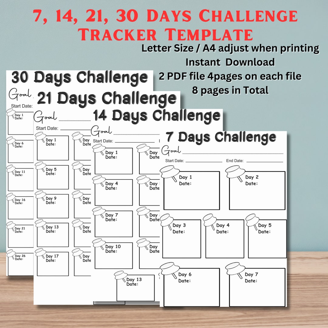 Printable 7 14 21 30 Days Challenge Tracker Template | Printable ...