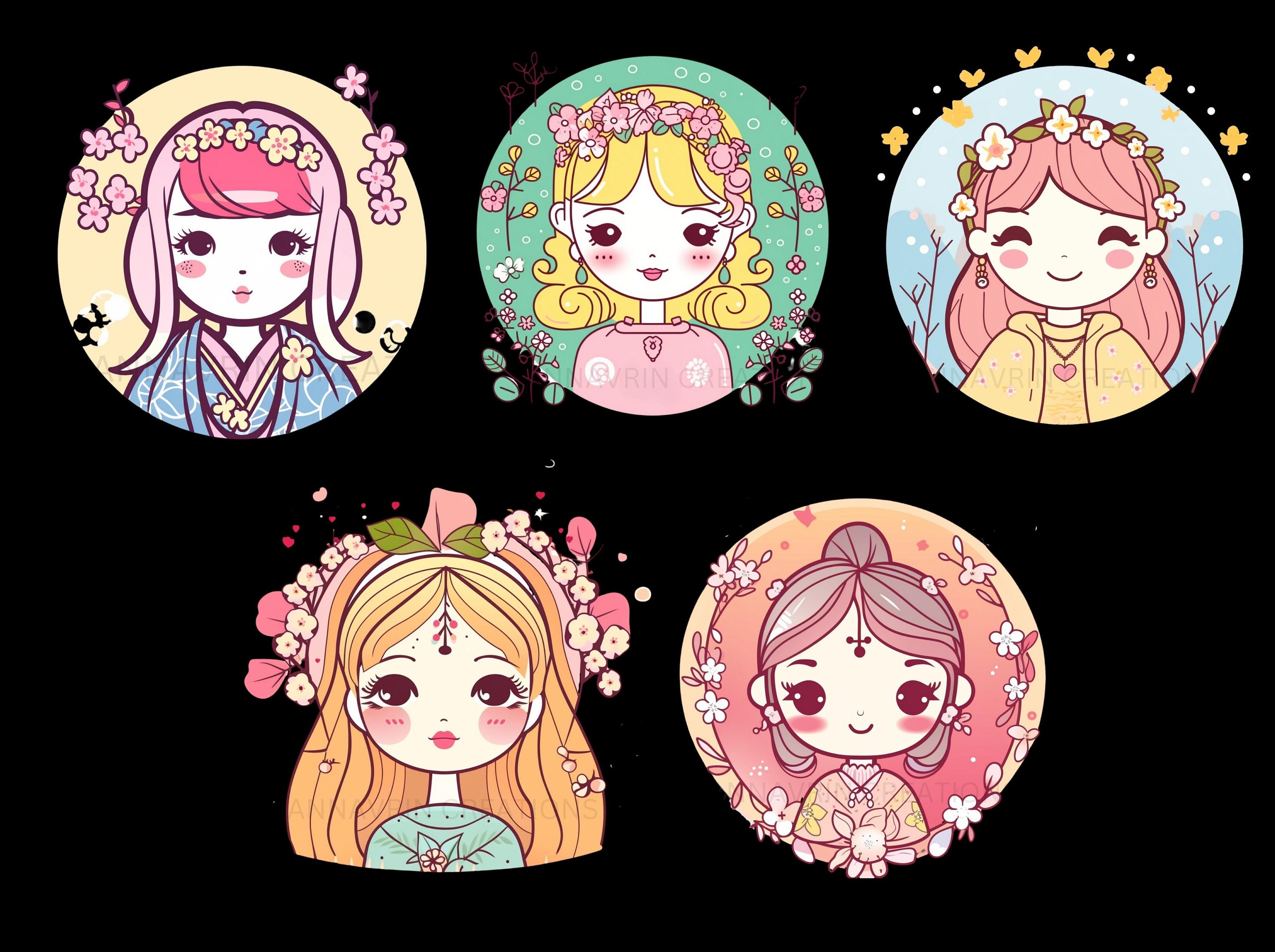 Spring Floral Princess Clipart PNG, 5 Kawaii Flower Princess Clip Art ...