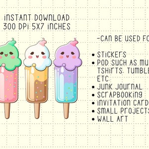 Kawaii Ice Cream Set Clipart PNG, 8 Sets of Ice Cream Sticker Instant ...