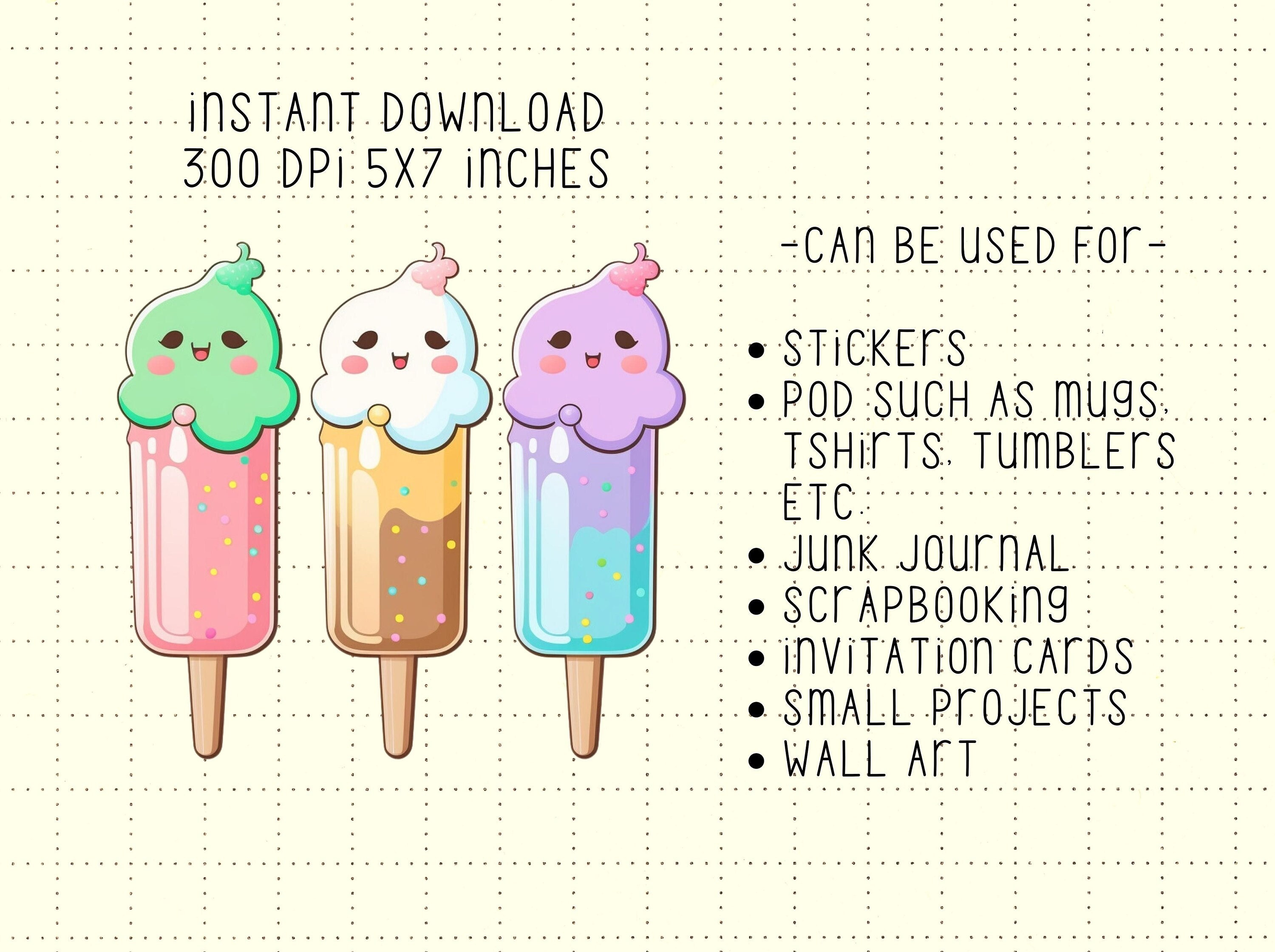 Kawaii Ice Cream Set Clipart PNG, 8 Sets of Ice Cream Sticker Instant ...