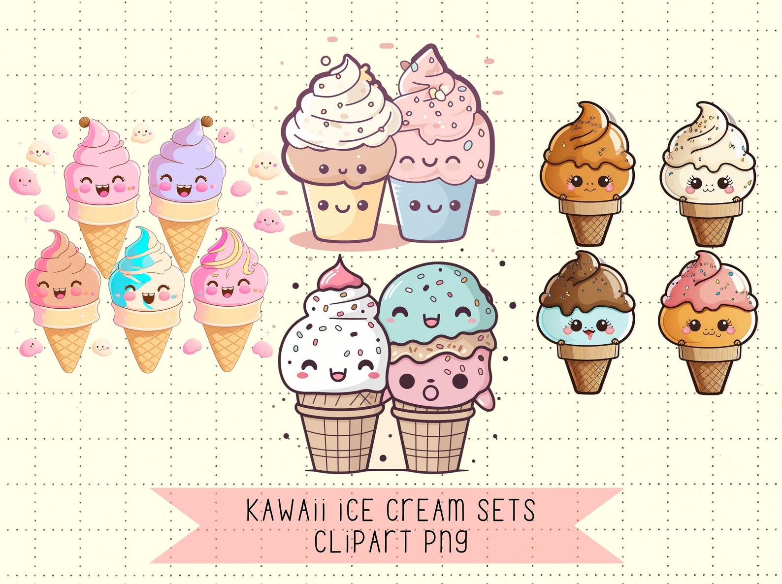 Kawaii Ice Cream Set Clipart PNG, 8 Sets of Ice Cream Sticker Instant ...
